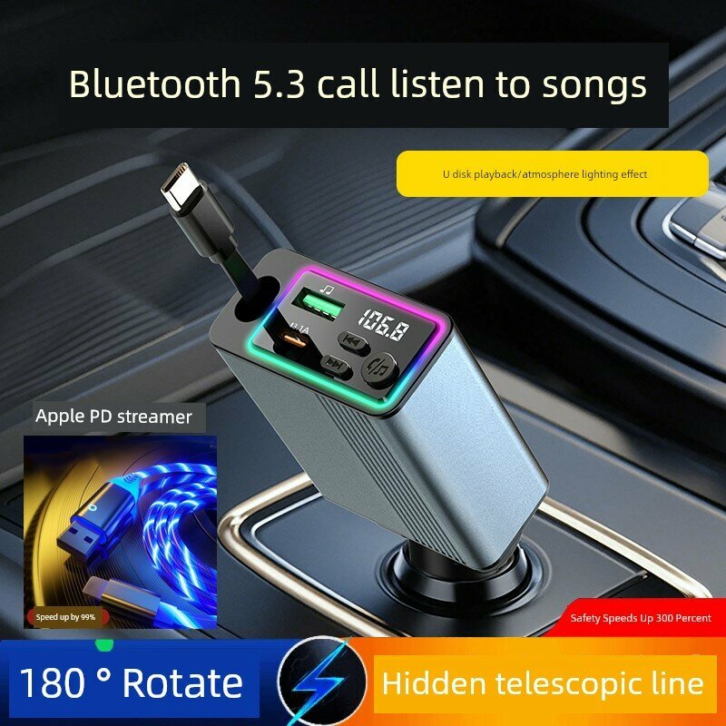Bluetooth 5.3 автомобильное зарядное устройство с гибким PD-кабелем, быстрая зарядка, без шума для авто
