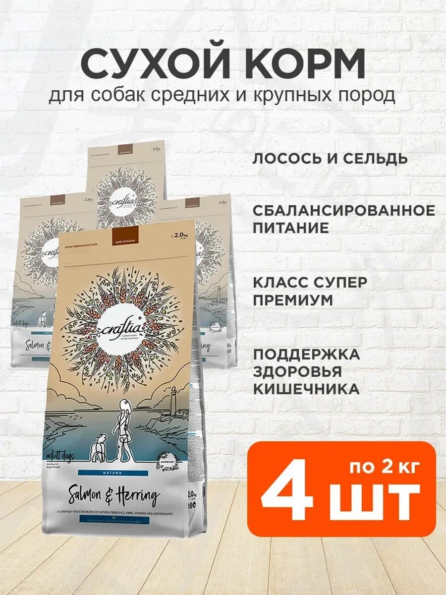 Корм сухой Craftia Natura Dog Medium & Large Breed для собак средних и крупных пород, лосось и сельдь, 2 кг х 4 шт