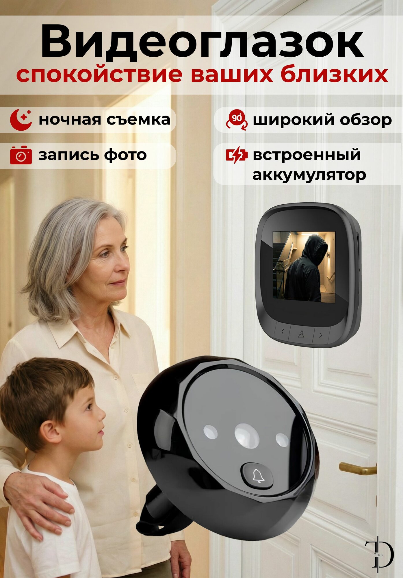 Видеоглазок для входной двери с фото записью и звонком, с ИК- подсветкой, черный