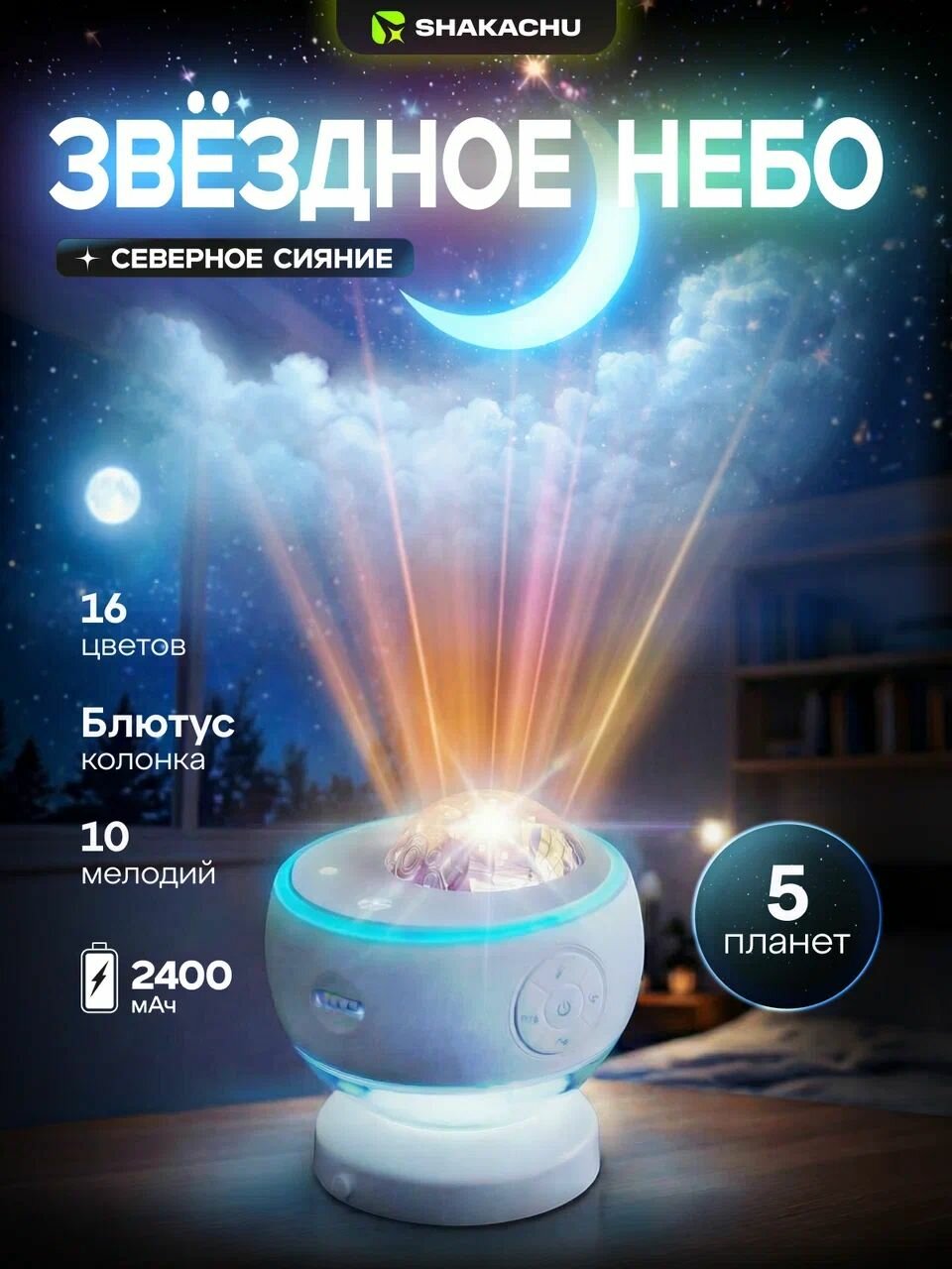 Проектор звездного неба SHAKACHU ALF PRO (Северное сияние) Ночник звездное небо