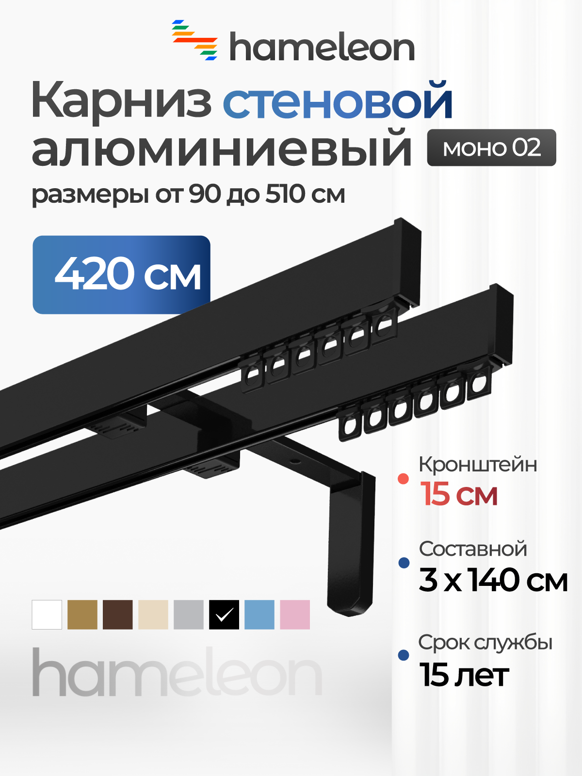 Карниз для штор хамелеон моно 02, двухрядный, настенный, чёрный глянец, 420 см, алюминий, кронштейны 15 см