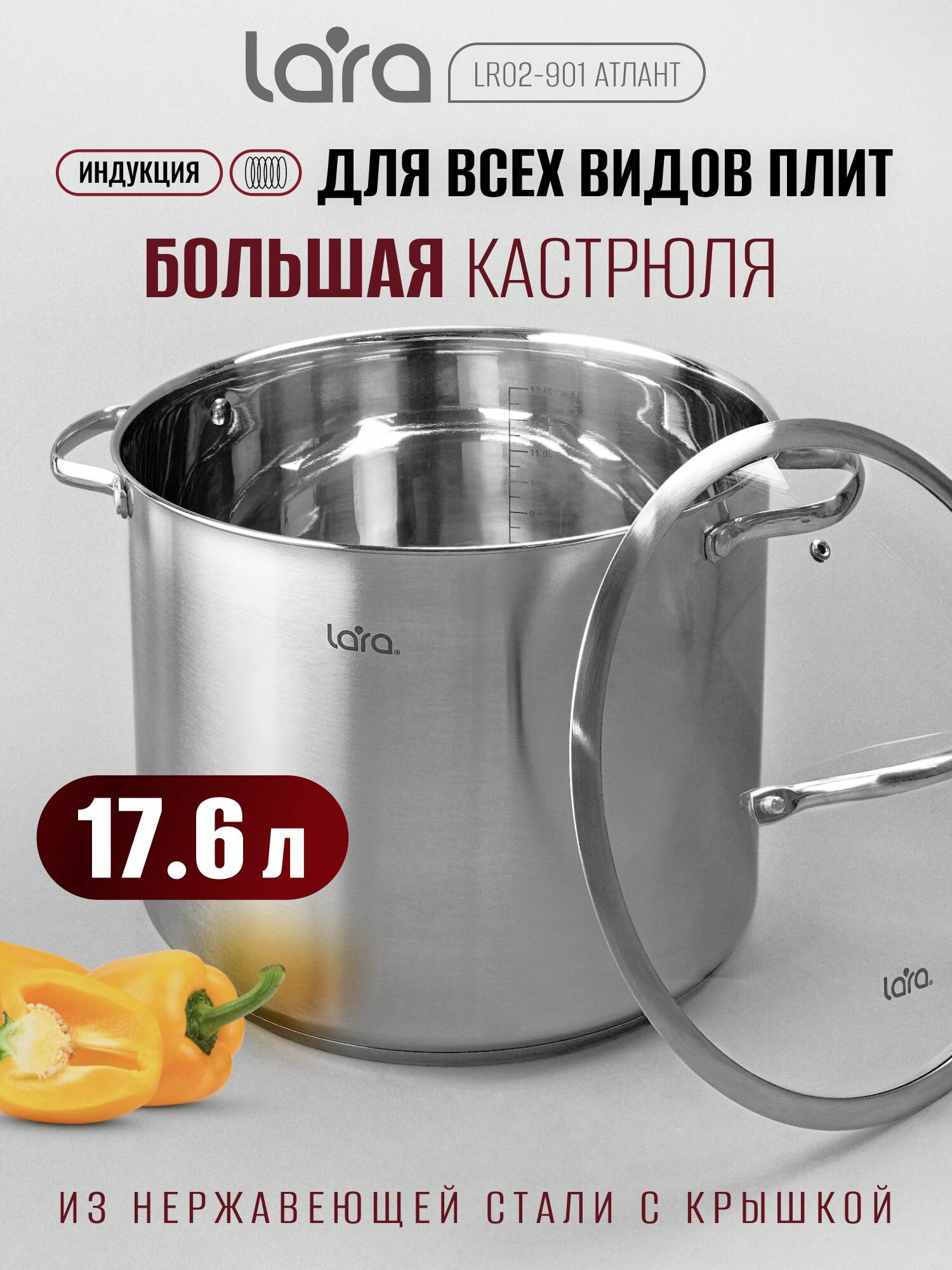Большая кастрюля с крышкой 17,6 л LARA Атлант из нержавеющей стали, для всех видов плит, в т. ч. для индукционных плит LR02-901