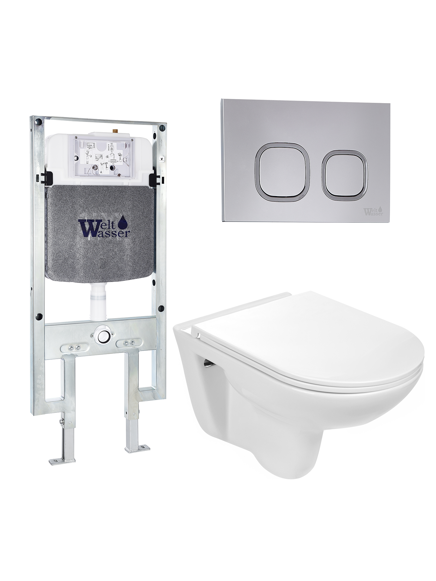 Комплект 3 в 1 Унитаз приставной WeltWasser BAARBACH 004 GL-WT безободковый+Инсталляция AMBERG 497 ST с кнопкой AMBERG RD-CR хром глянцевый