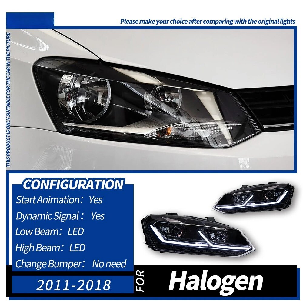 Фары для Volkswagen Polo 2011-2018. Сборка фары. LED линза. Фары с двойным дневным ходовым светом. Автоматические поворотные сигналы.
