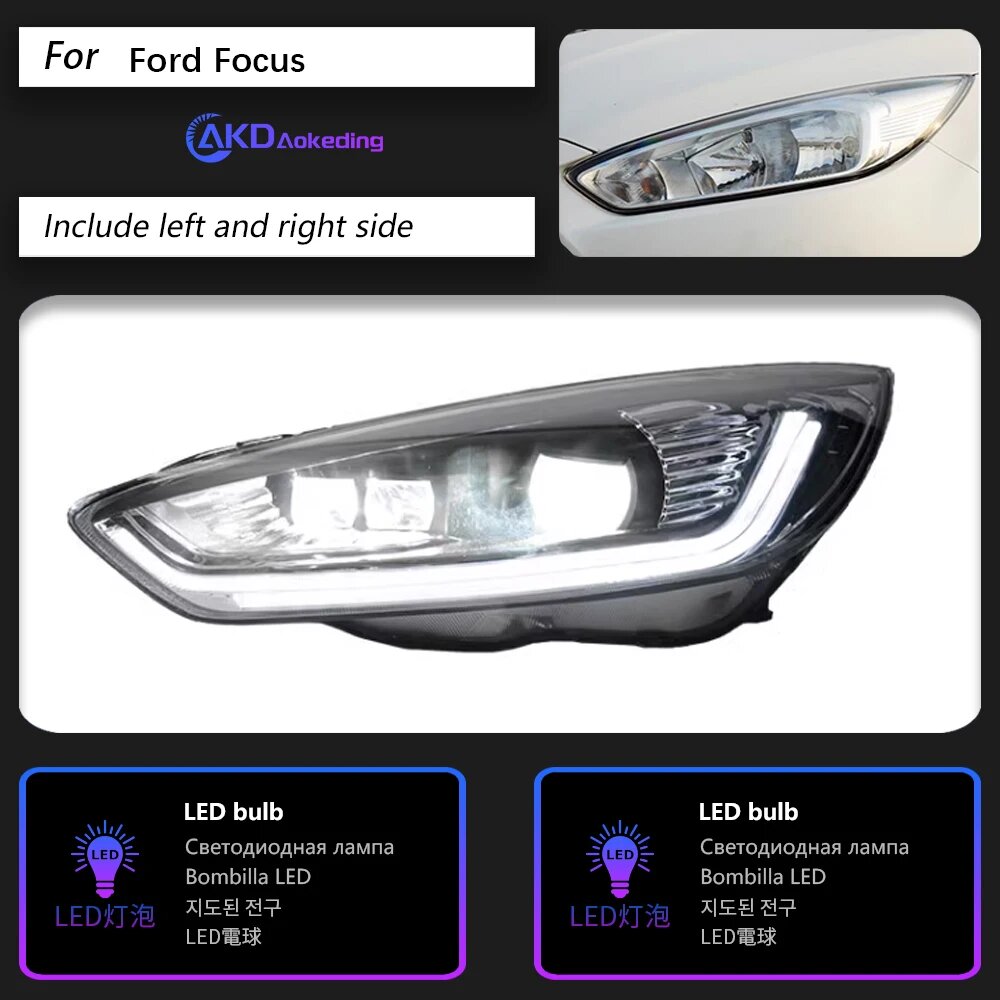 Фара AKD для Ford Focus LED-фара 2015-2018 года выпуска Фары Focus Дневной ходовой огонь Поворотный сигнал Дальний свет Ангельские глаза Проекторная линза