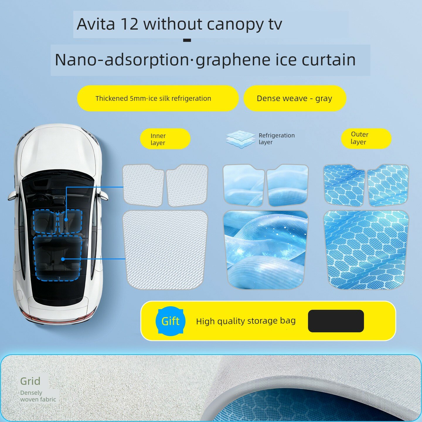 Солнцезащитная штора для Avatr 12 26 без крепления к телевизору, нано-прилипание, сетчатая ткань, серый