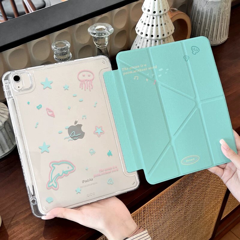 Чехол для iPad Air 4/5 10.9 дюймов антиударный акрил Y-сгиб с отделением для ручки - Океанская поэма