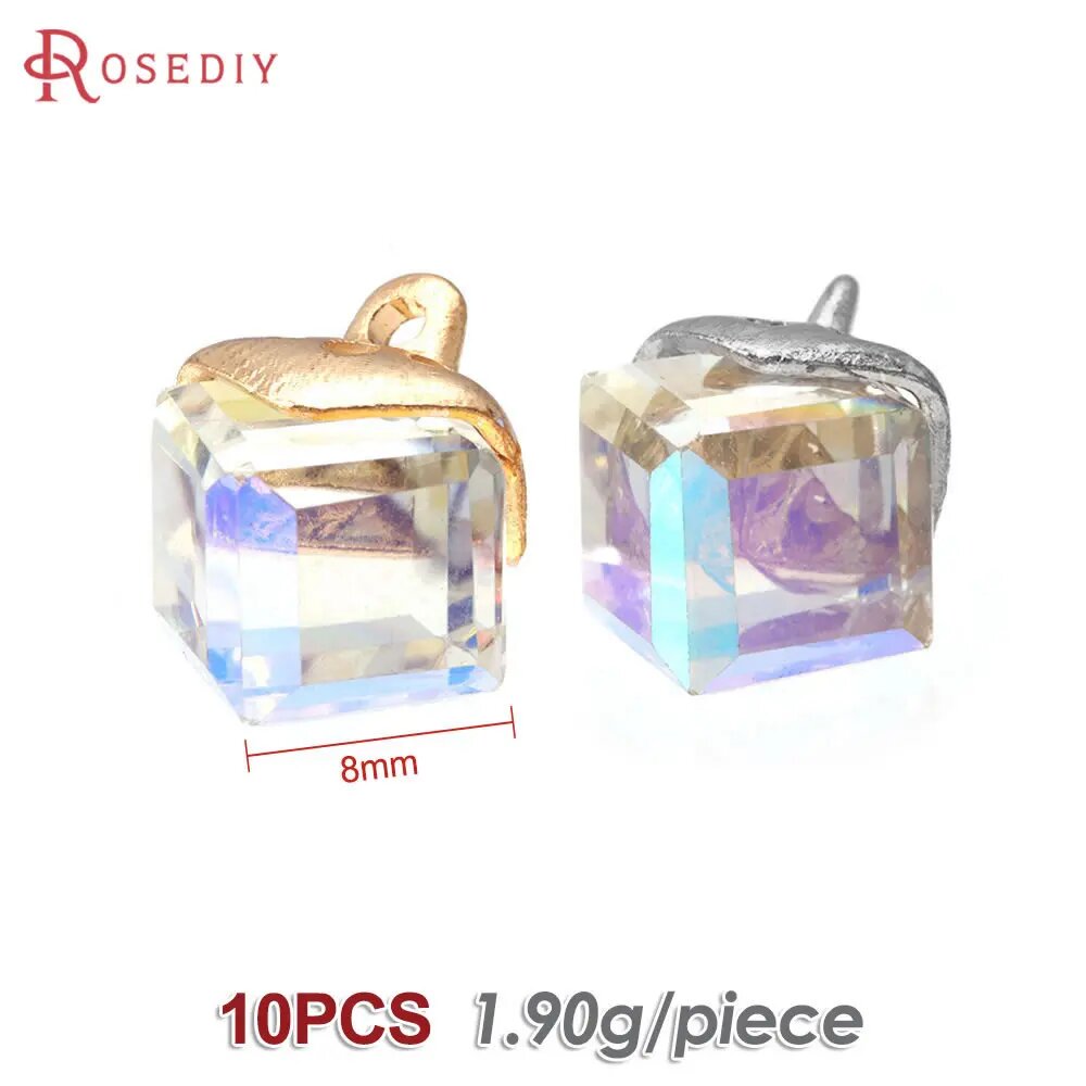Подвески-серьги Rosediy золотистого цвета с стеклянным кубом 8x8 мм Metal-Gold Color, AB Color