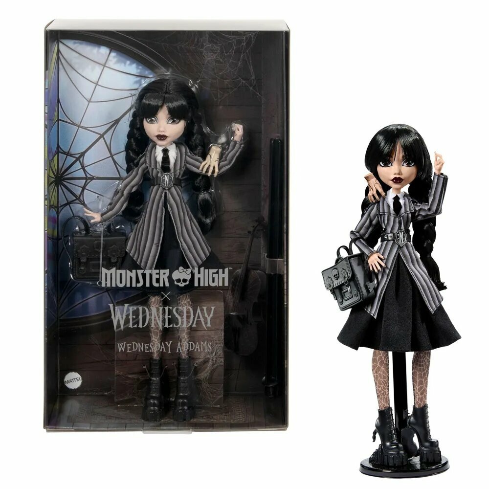 Кукла Monster High Wednesday, коллекционная кукла Уэнсдэй Аддамс в форме академии Nevermore с аксессуаром "Вещь" HXJ04