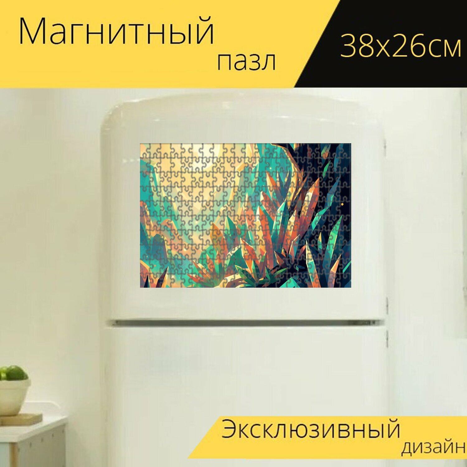 Магнитный пазл "Светлая долина с кристаллами. Фантазийный горный ландшафт с сияющим светилом, острыми кристаллическими образованиями и скалами. Неоновая." для интерьера, 38х26 см.