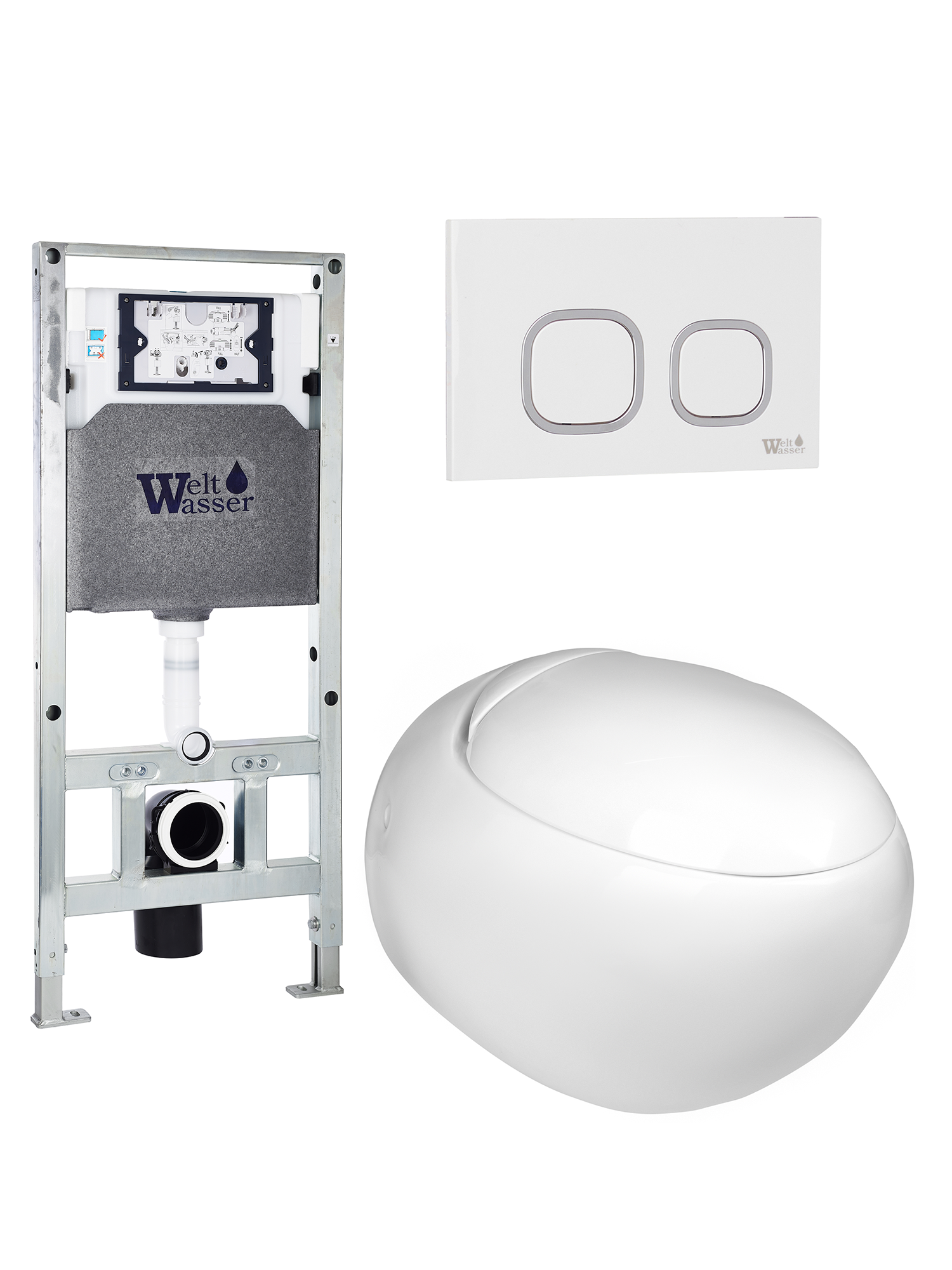 Комплект 3 в 1 Унитаз подвесной WeltWasser JECKENBACH 004 GL-WT безободковый+Инсталляция AMBERG 506 ST с кнопкой AMBERG RD-WT белая матовая