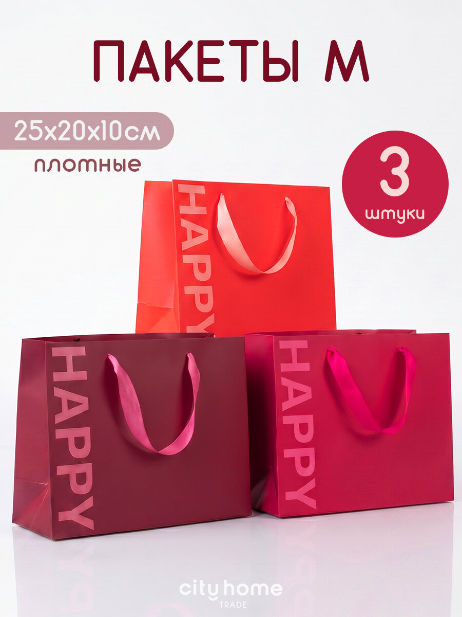 Подарочные пакеты горизонтальные красные, 25x20x10 см, набор 3 шт