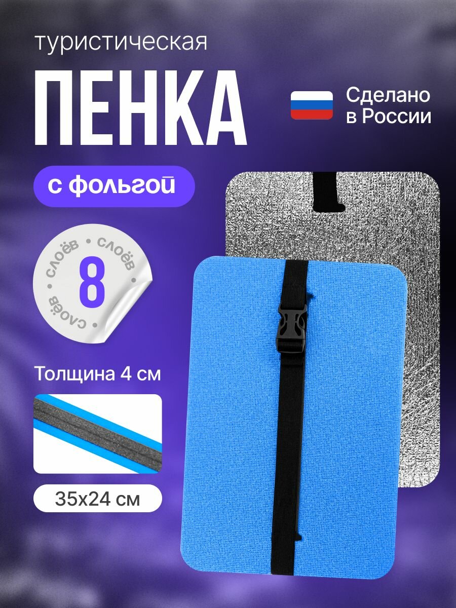 Сиденье туристическое, 8 -ми слойное синее, с фольгой, влагостойкое, многослойное, пенка/каремат, сидушка походная, хоба для похода/туризма 350x240x40 мм