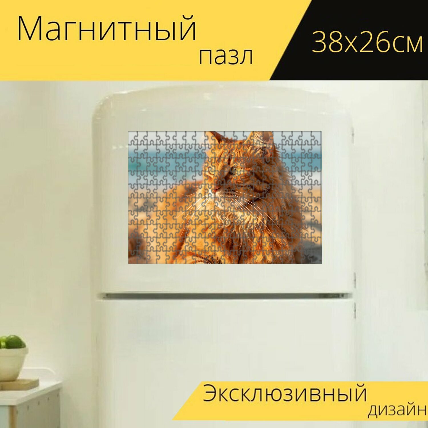Магнитный пазл "Рыжий мейн-кун на пляже. Длинношерстный полосатый питомец отдыхает на песке у моря. Солнечный теплый свет, золотисто-янтарные оттенки." для интерьера, 38х26 см.