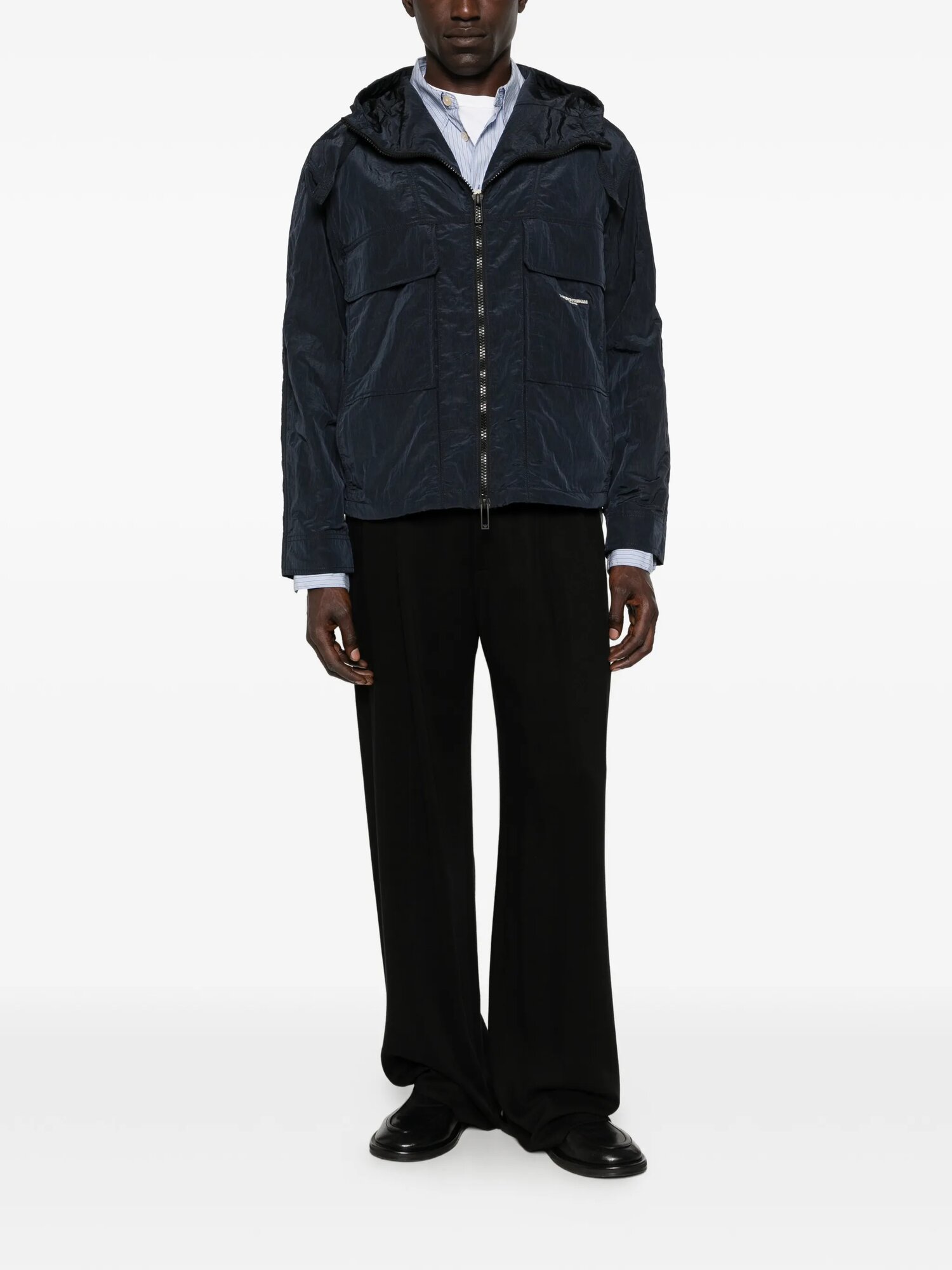 Куртка EMPORIO ARMANI Hooded crinkled-texture jacket, размер 56, blue — фото 1