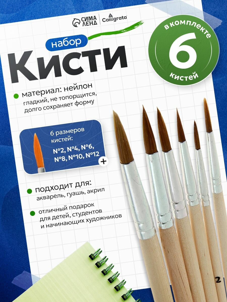 Кисточки для рисования синтетика (нейлон) 6 штук (№2, 4, 6, 8, 10, 12) кисти для рисования синтетические кисти нейлоновые кисти набор кистей