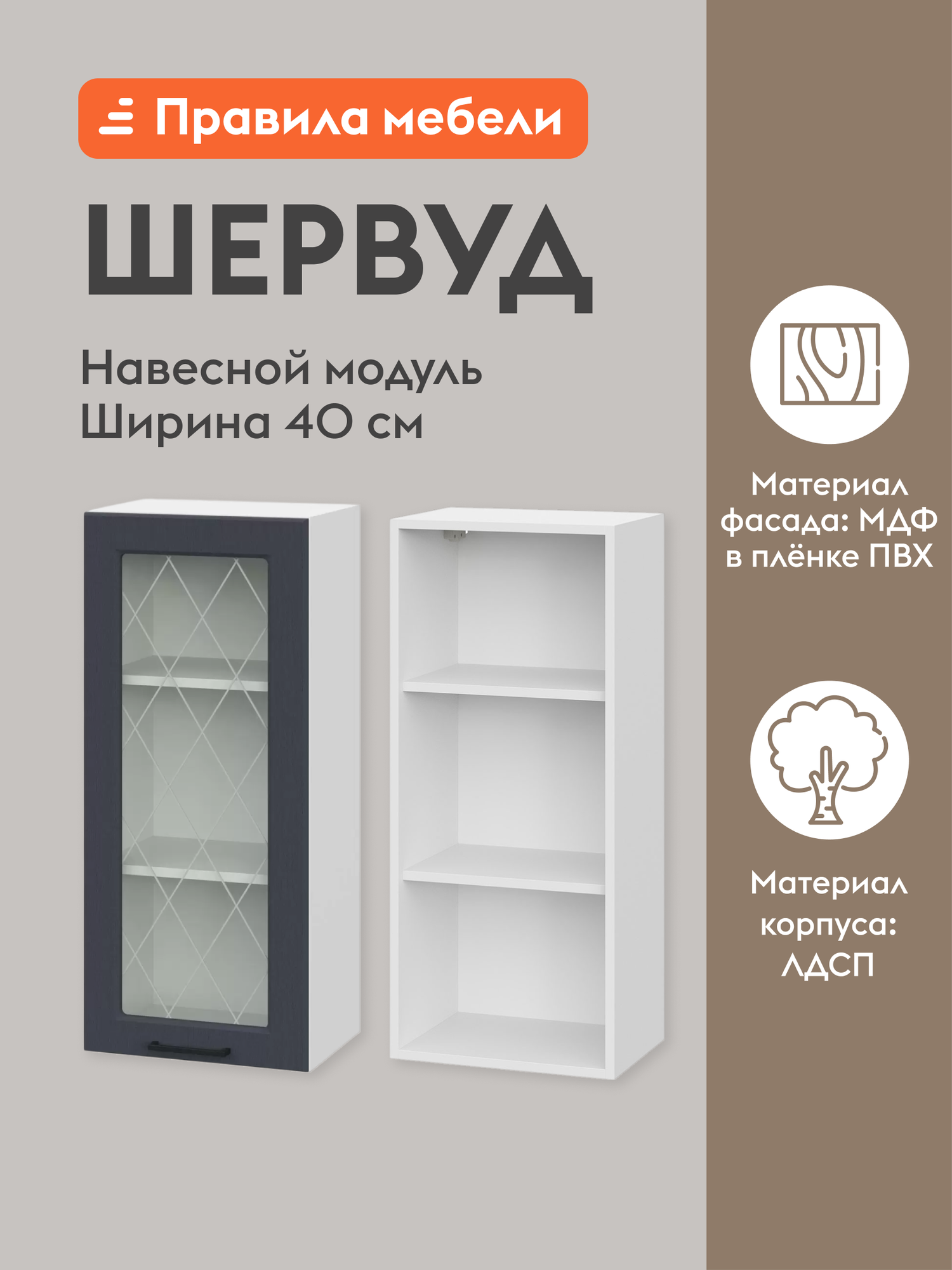 Кухонный модуль навесной, шкаф Шервуд с доводчиками, с полками, 40х29.6х91 см, Белый / Шато индиго со стеклом