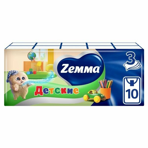 Платки носовые бумажные трехслойные неароматизированные детские Kids Zemma/Земма 10шт 10уп