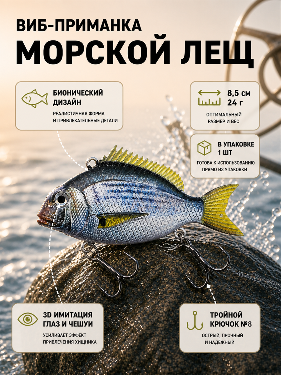 Рыболовная 3D вибрационная виб-приманка (VIB), имитация морского леща, тонущая для дальнего заброса, с тройным крючком 8,5 см/24 г, желто-синяя