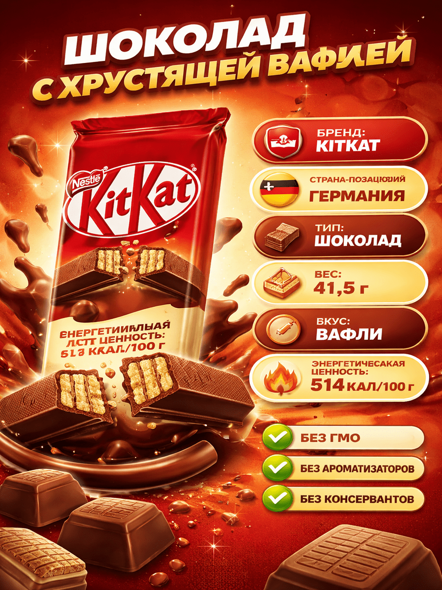 Шоколад KitKat молочный с хрустящей вафлей, 41.5г