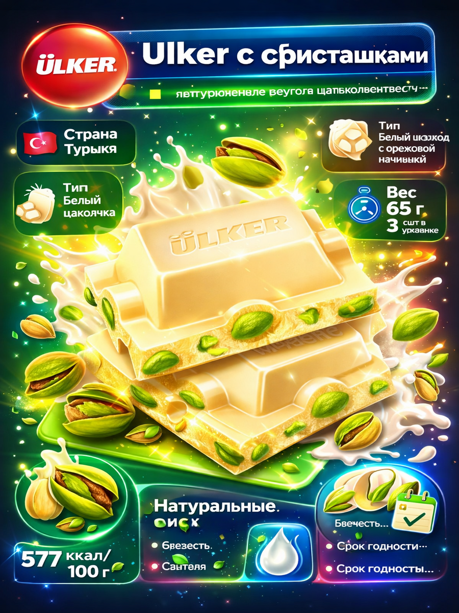 Шоколад Ulker белый с фисташками, 65г x 3 упаковки