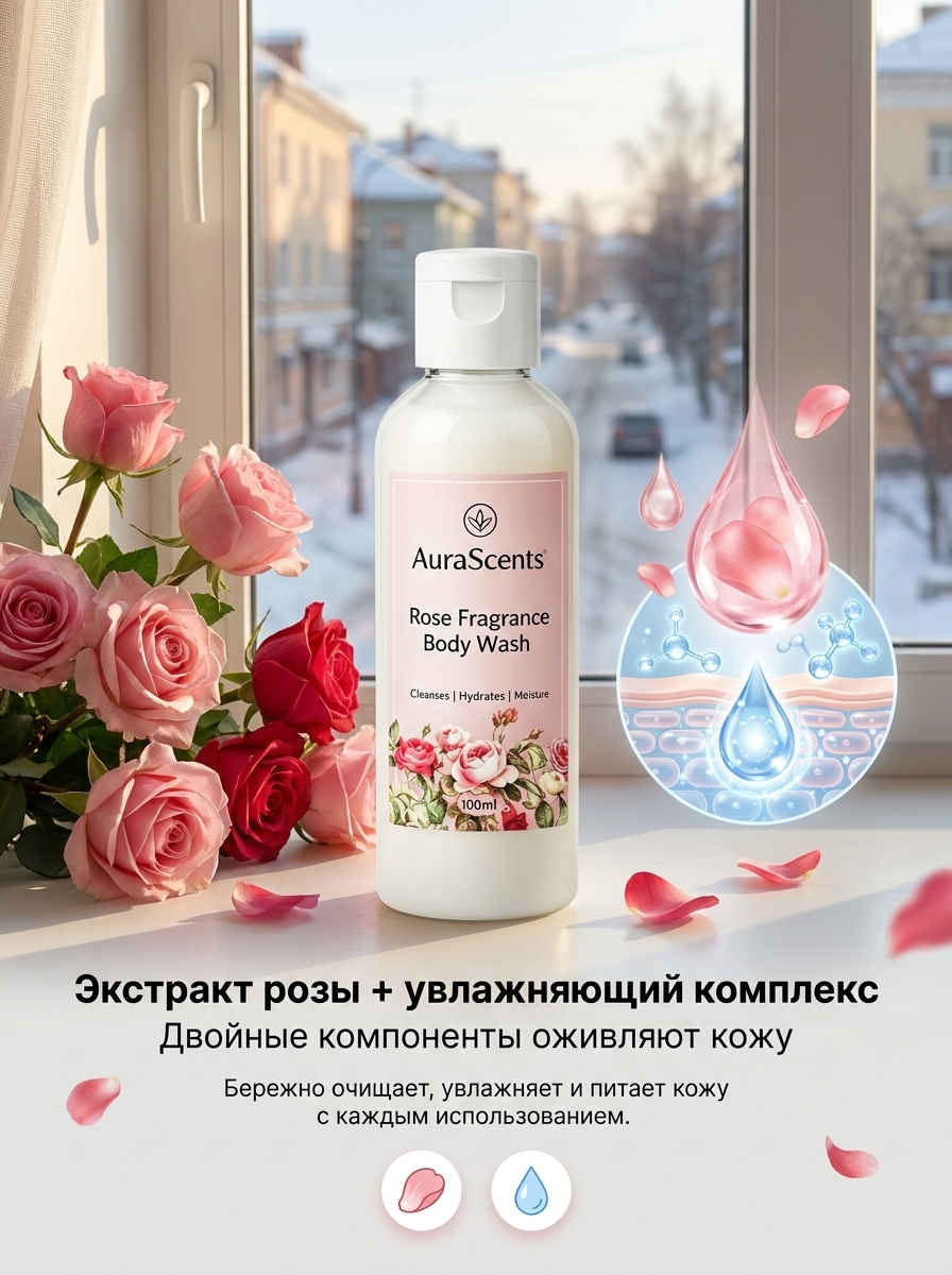 Гель для душа в дорогу AuraScents аромат розы 100 мл, увлажнение и мягкость