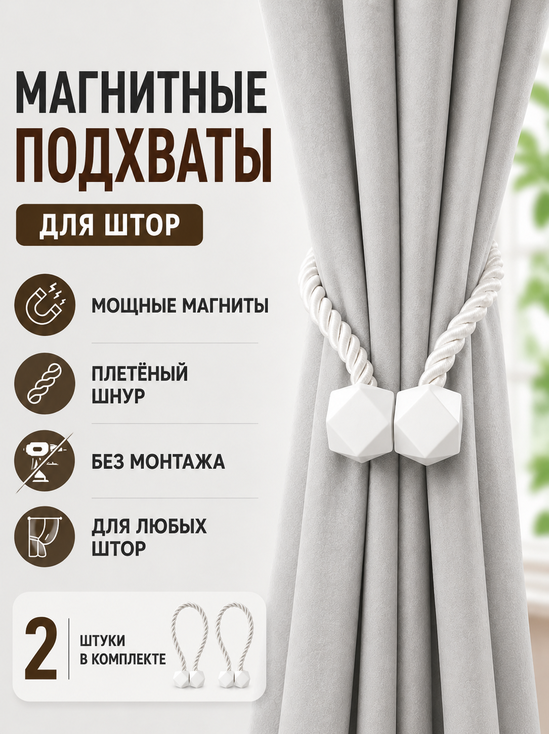 Подхват для штор магнитный, 2 шт, белый, для классических штор