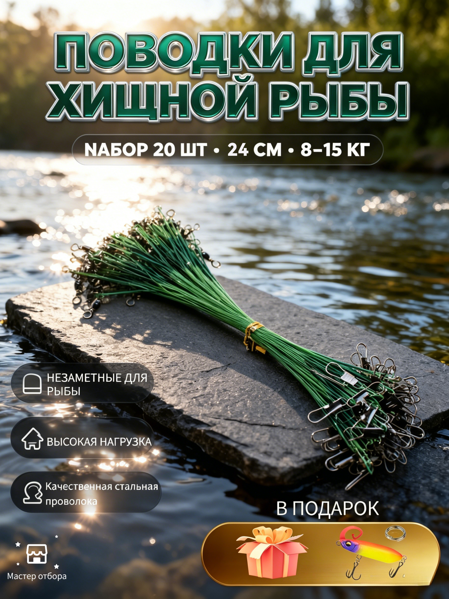 Поводок рыболовный на щуку набор 20 шт, В подарок имитационная приманка