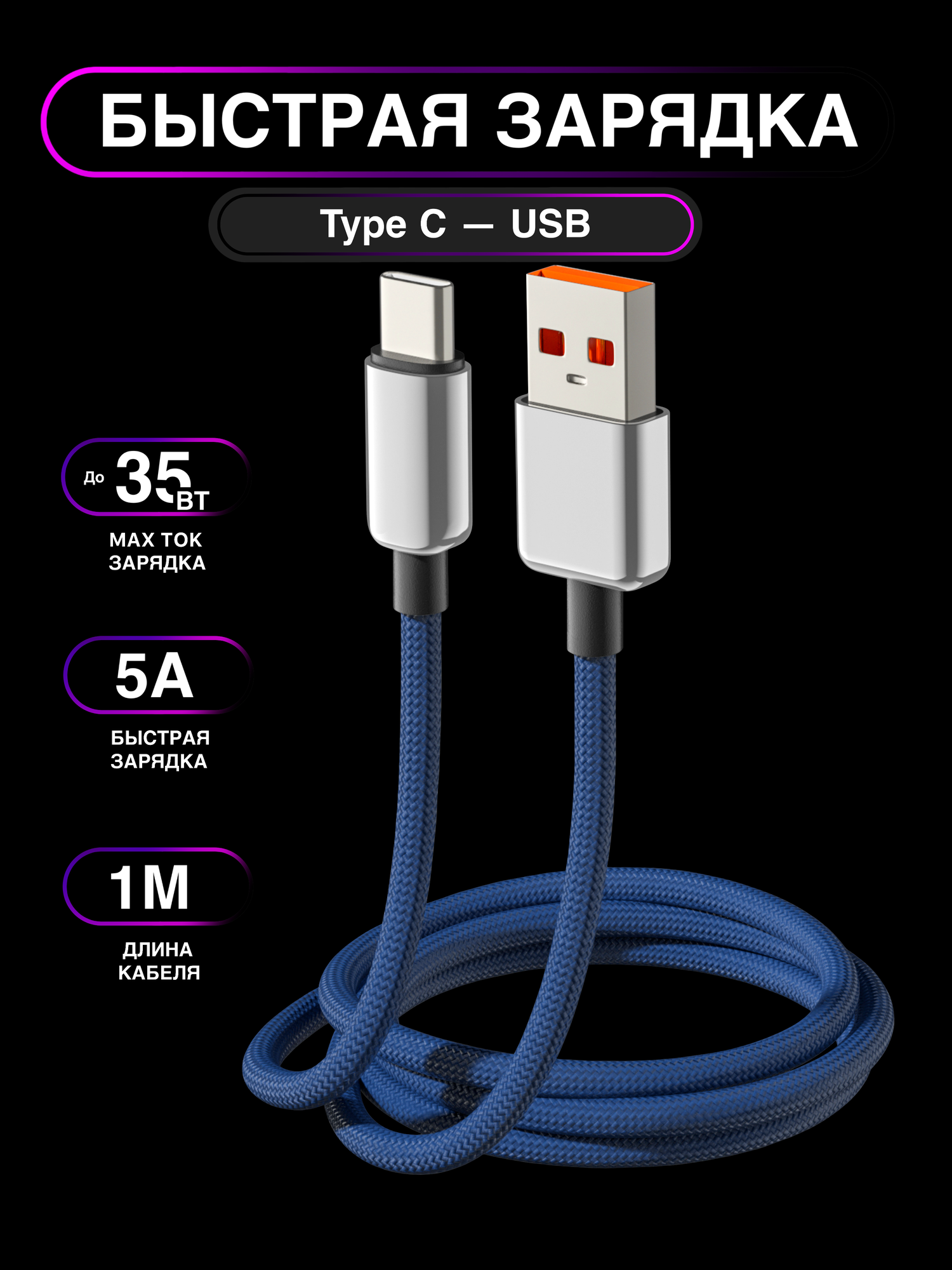 Кабель быстрой зарядки для iPhone, USB - Type-C, iPhone, 25Вт 3A, синий