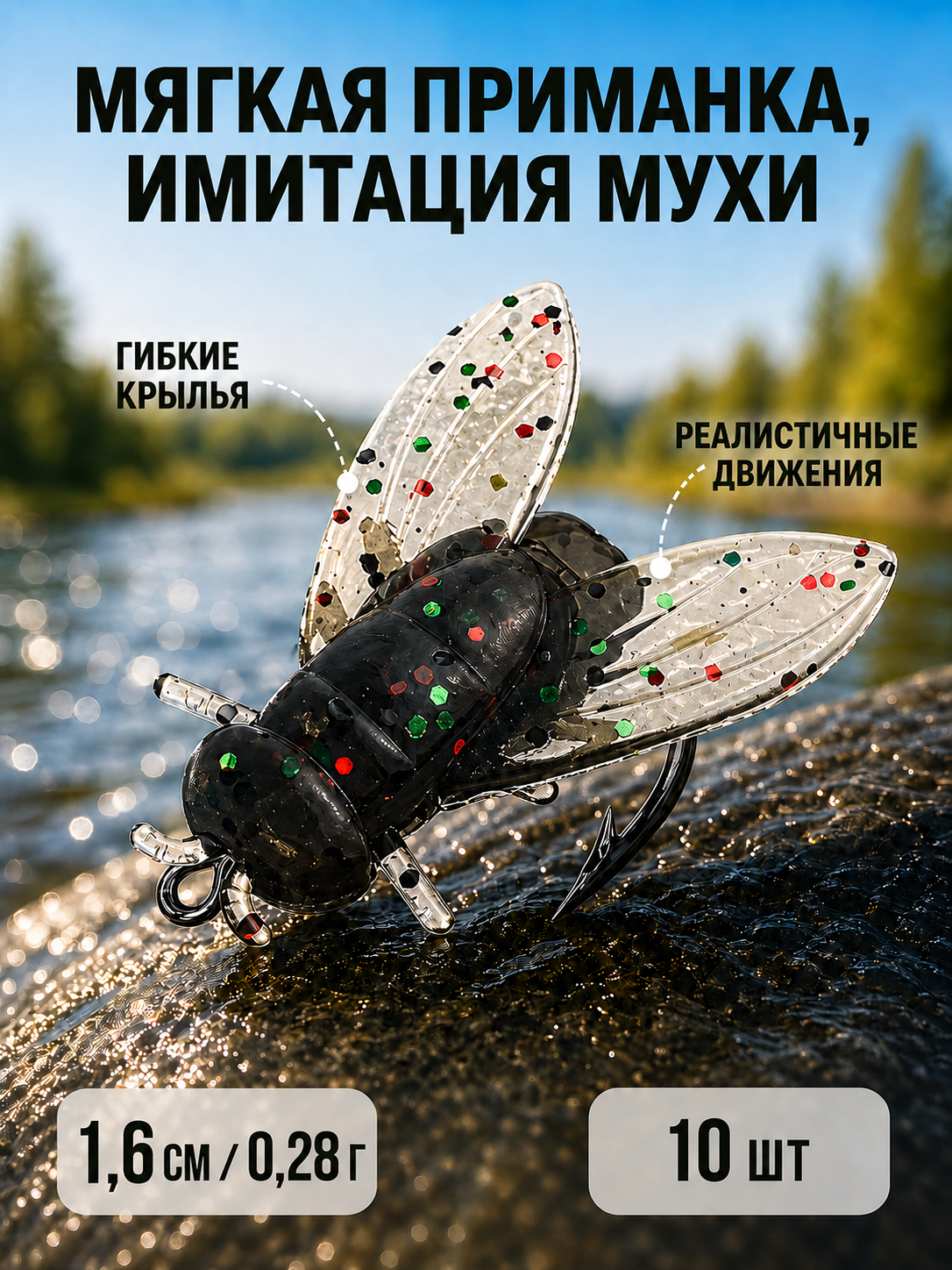Рыболовная реалистичная, мягкая приманка Micro Bait Fly, имитация мухи, для белого карася и мандаринки 1,6 см/0,28 г, 10 шт, черная