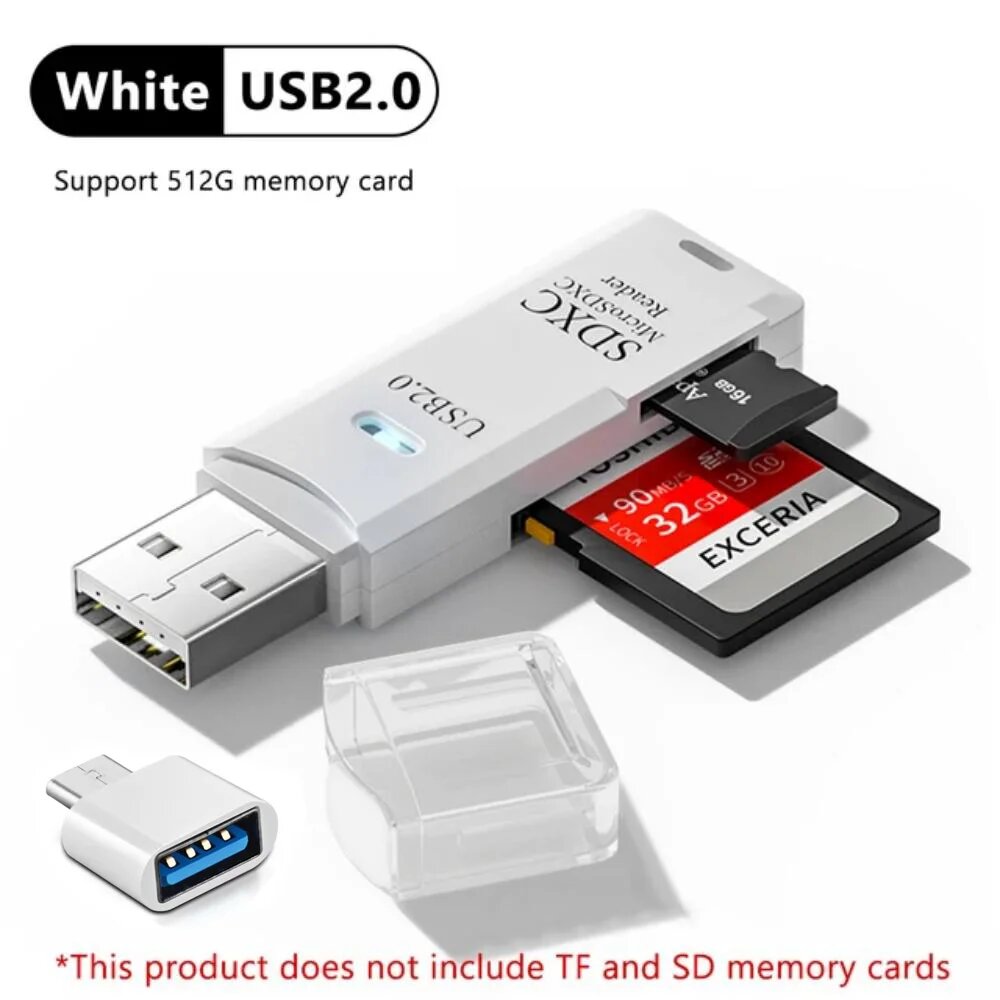 Белый кардридер USB 2.0, поддержка 512ГБ