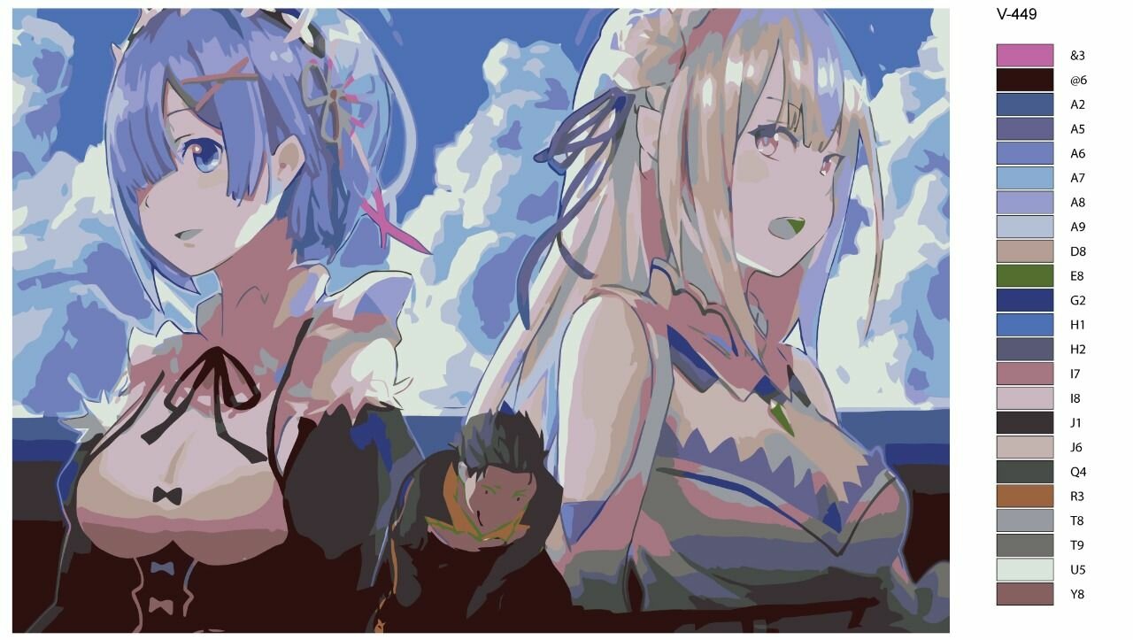 Картина по номерам V-449 "Аниме RE: ZERO (РЕ зеро). Субару Нацуки и Рем, Эмилия. Natsuki Subaru и Rem, Emilia", 80x120 см