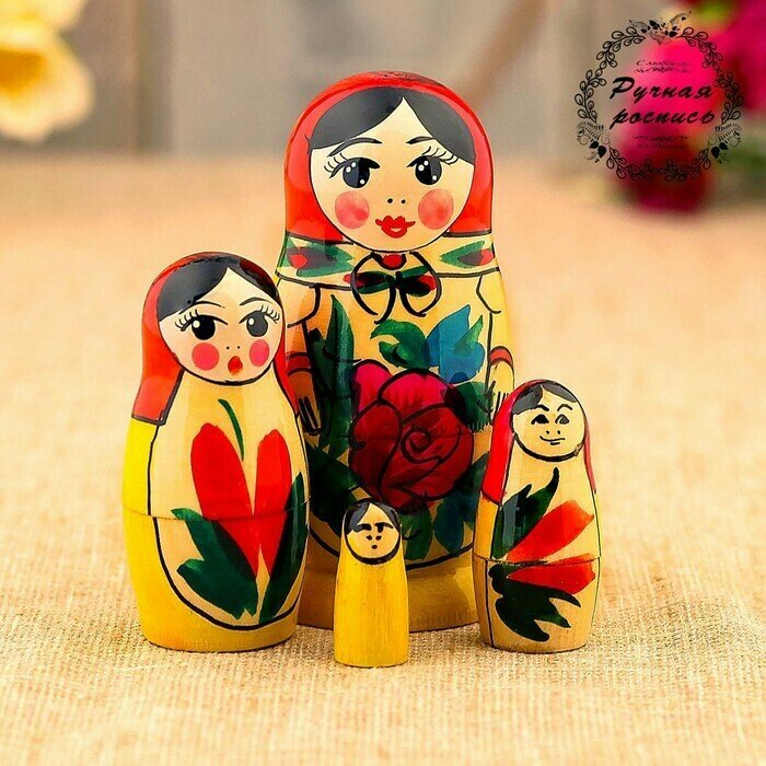 Матрёшка Семёновская , красный платок, 4 кукольная, 9 см (2 шт)
