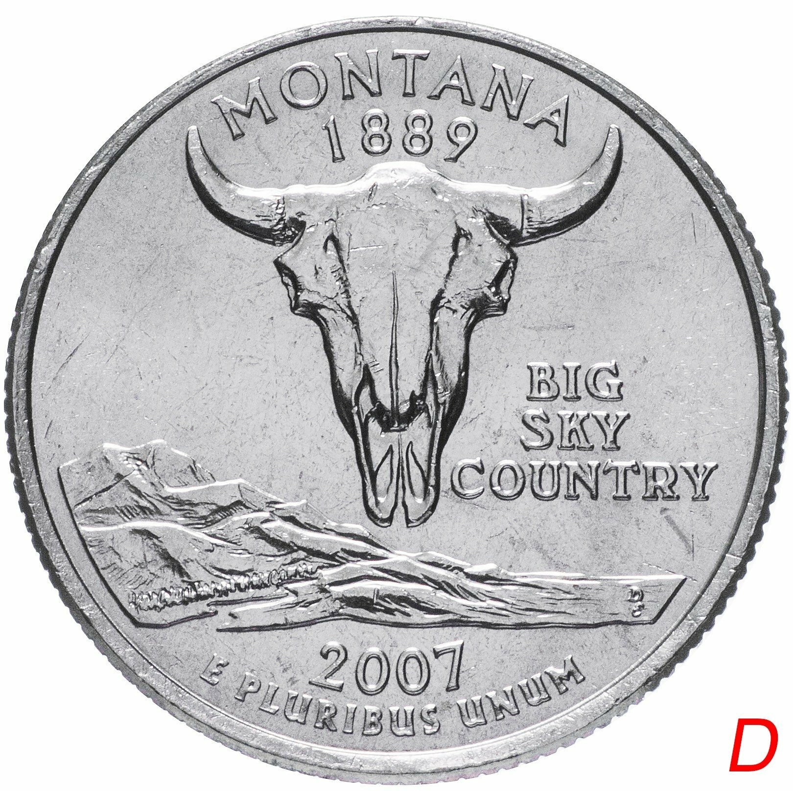 США 1/4 доллара квотер, 25 центов 2007 D "Штат Монтана" Montana знак монетного двора "D" - Денвер, Медь, в сохранности UNC