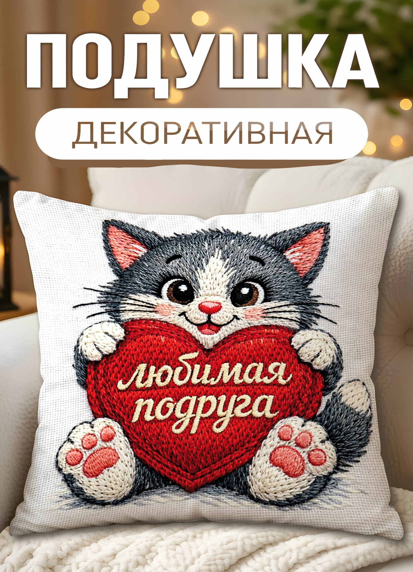 Подушка декоративная с принтом Котик с сердечком любимая Подруга, размеры 40 х 40 см, 1 шт.