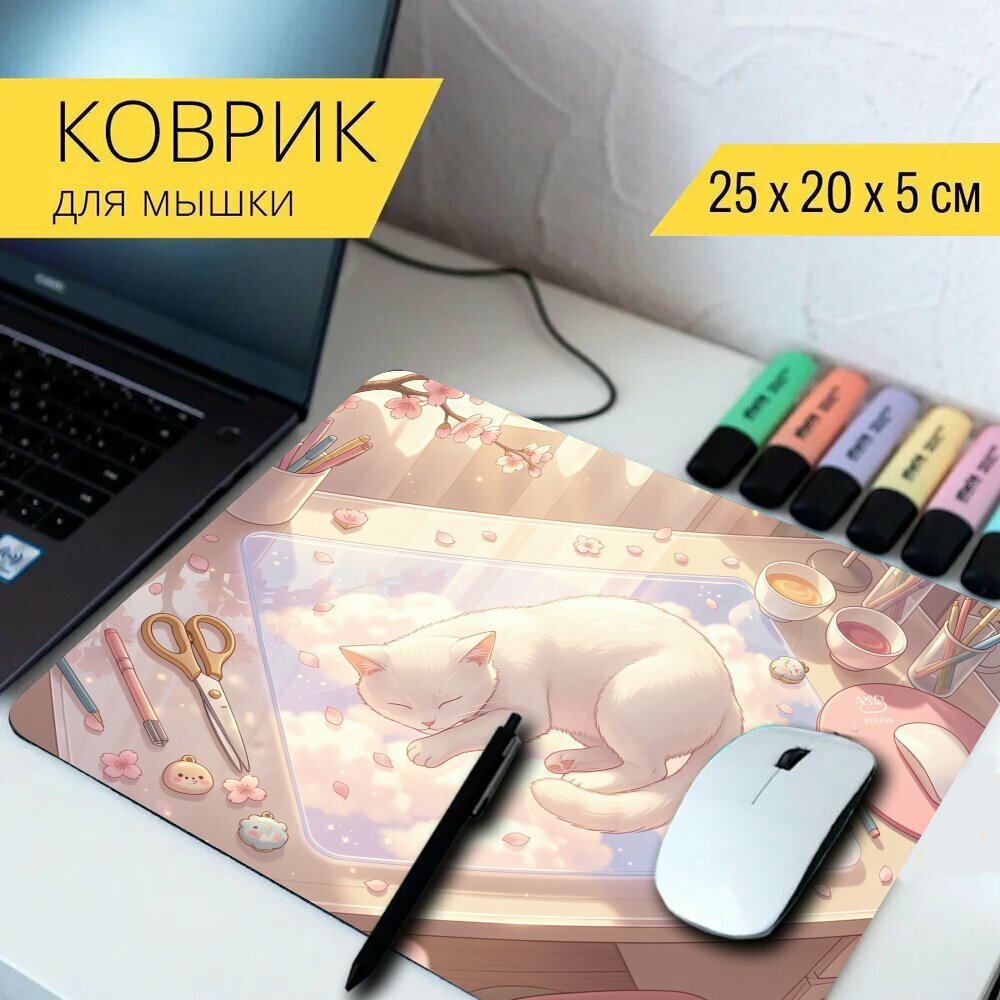 Коврик для мыши с принтом "Спящий белый кот среди лепестков. Нежная аниме-иллюстрация с пушистым питомцем на облачном коврике у солнечного окна. Пастельные розовые и." 25x20см.