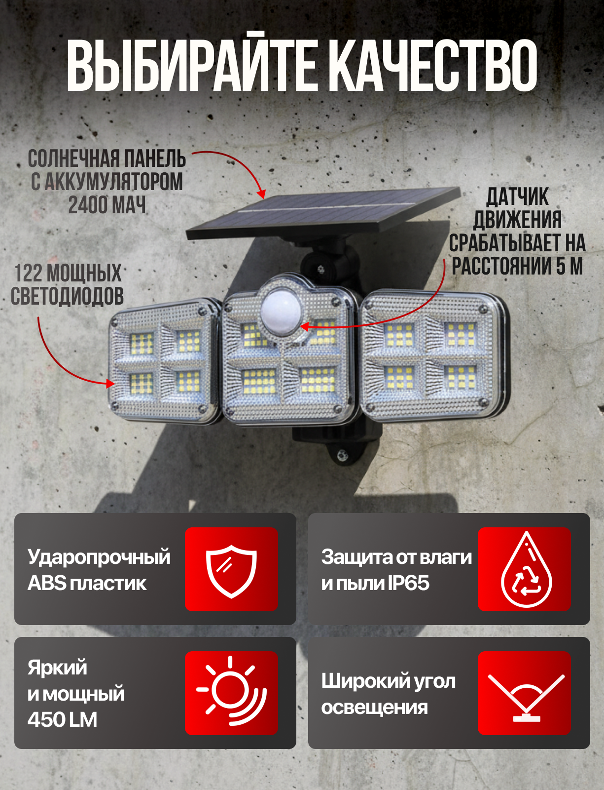 Светильник уличный LUNALIGHT, IP65, датчик движения, солнечная батарея