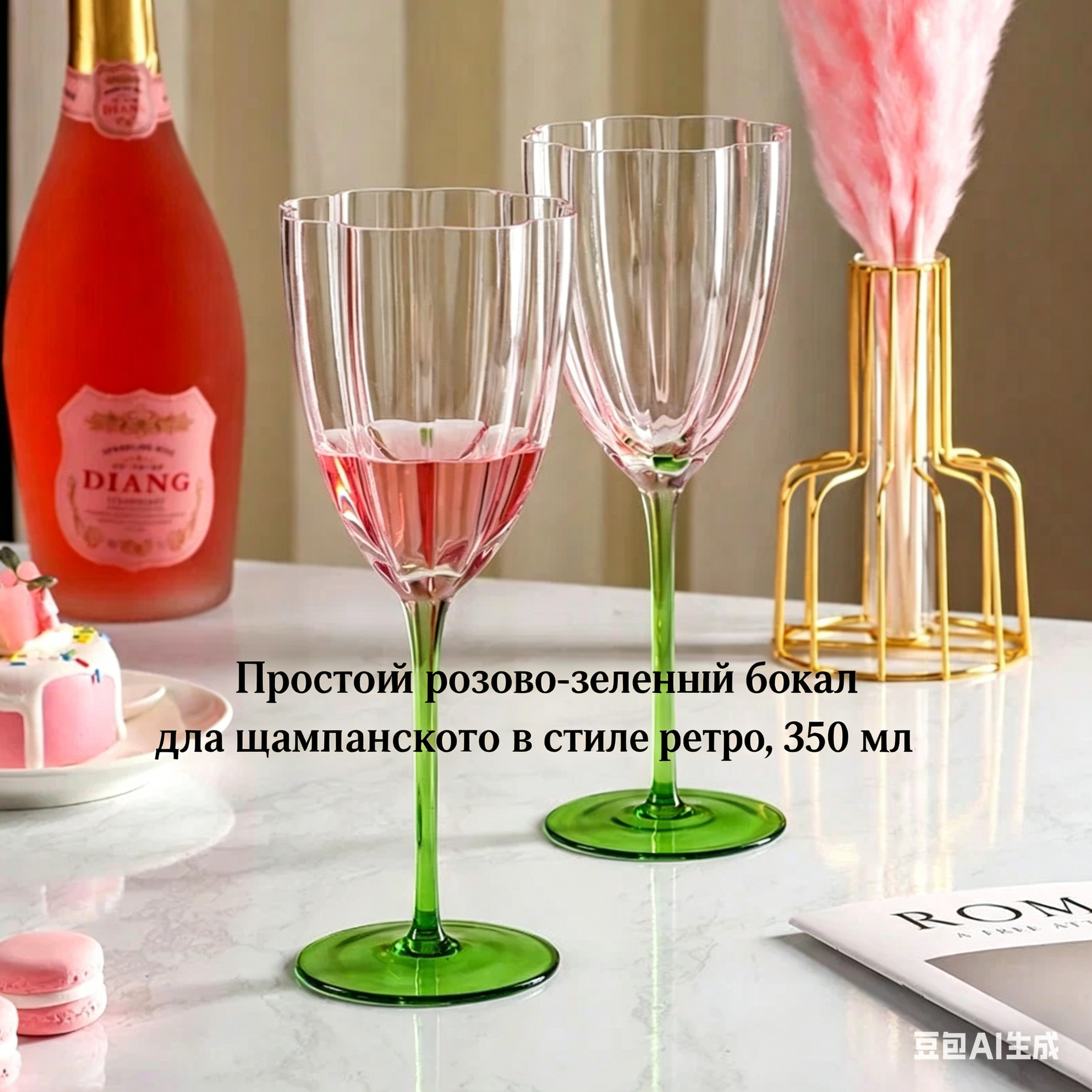 Стеклянный бокал для шампанского, 350 млРозово-зеленый градиент， Для праздника и дома