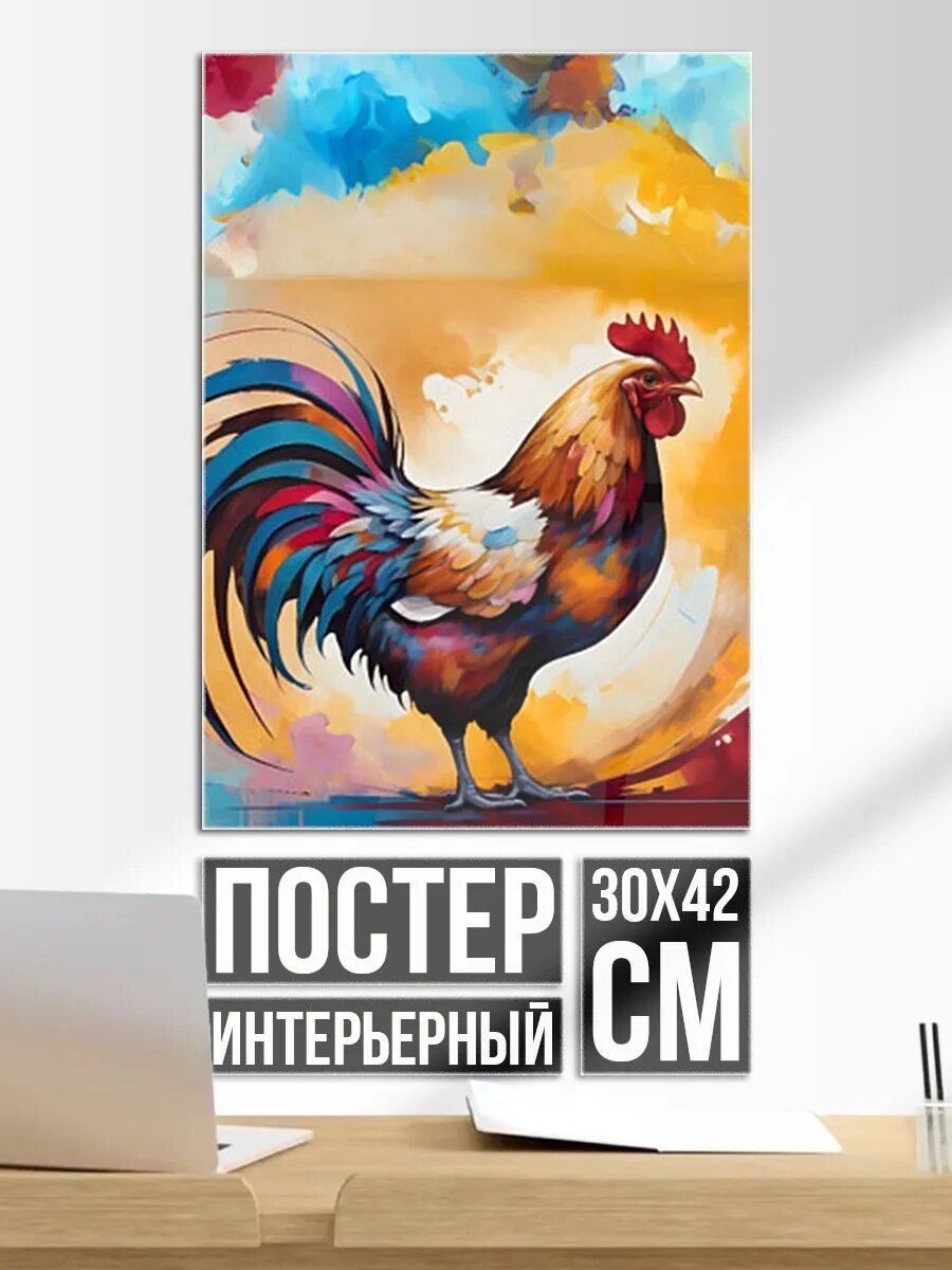 Постер на стену Петух на ярком фоне