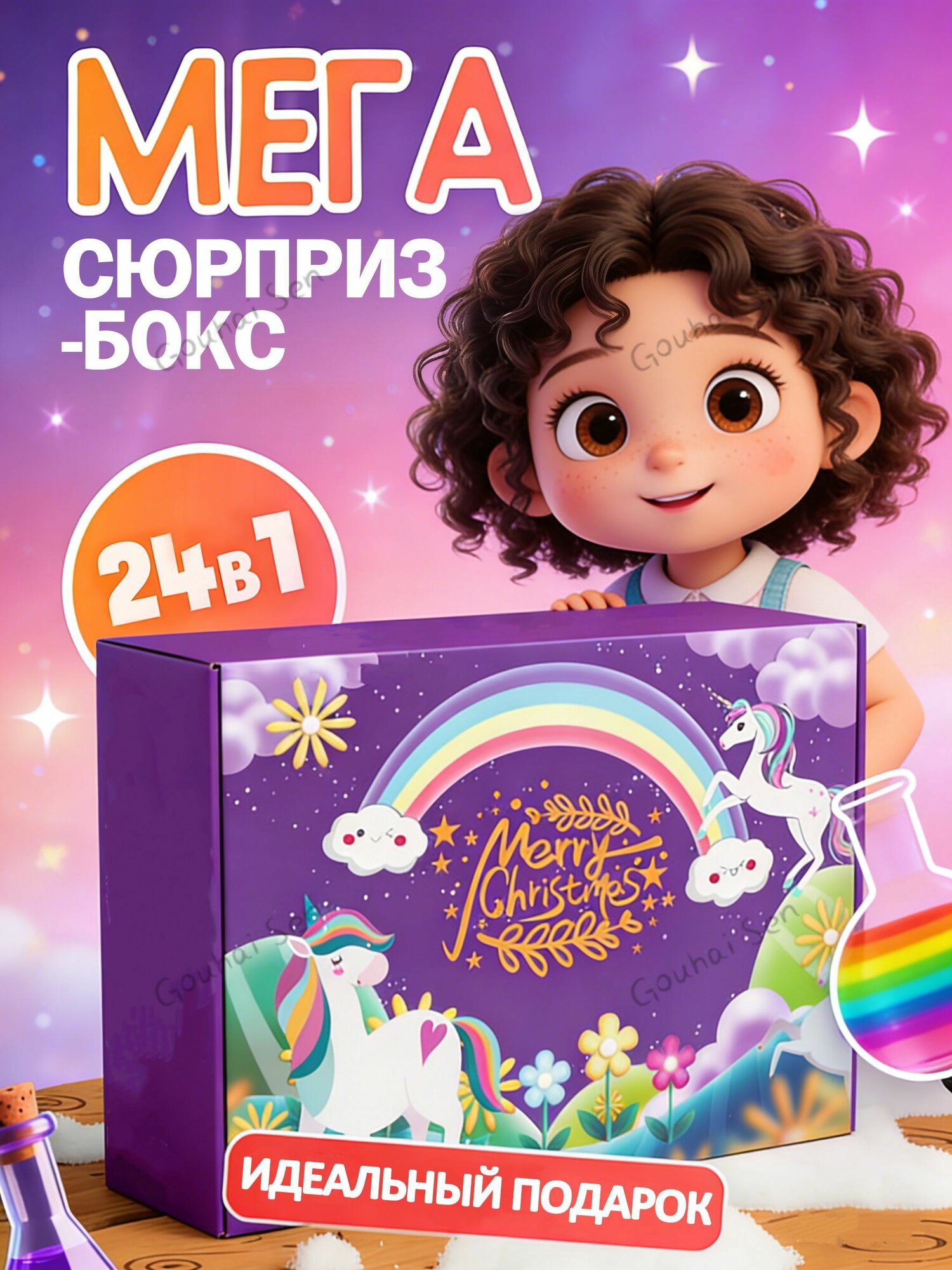 Адвент-календарь для девочек Единорог. Слепой бокс 24 в 1 и набор с маской для сна, повязкой и аксессуарами в подарочной коробке. Новогодние подарки для детей. Игрушки для девочек