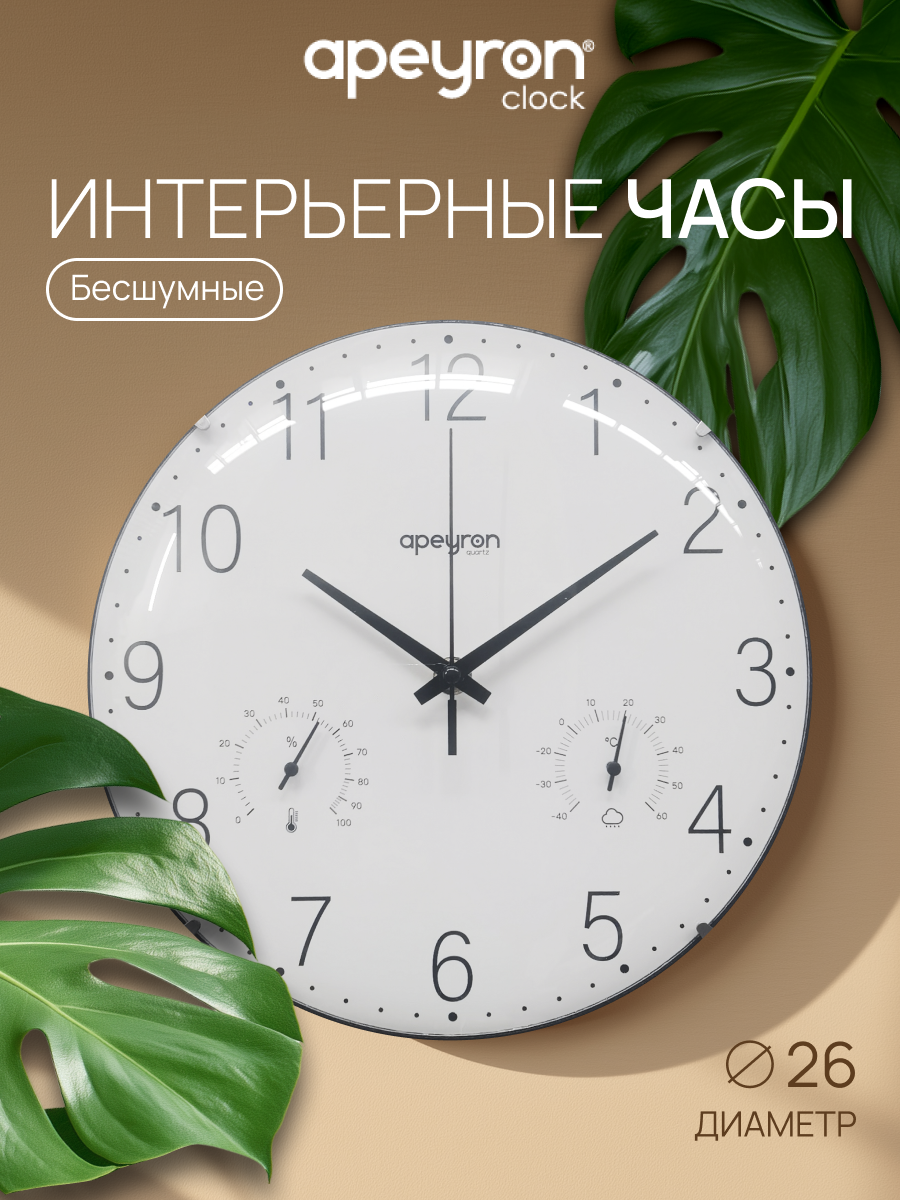 Часы настенные для дома с встроенным термометром и гигрометром, бесшумные, d26см, черный, PL251211