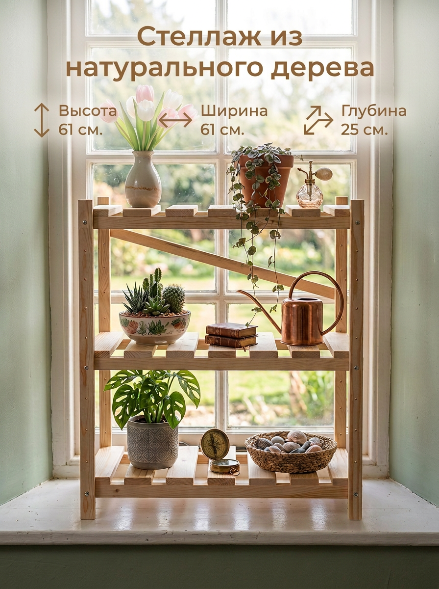 Стеллаж деревянный для дома 61х61х25 см / Подставка деревянная на 3 полки