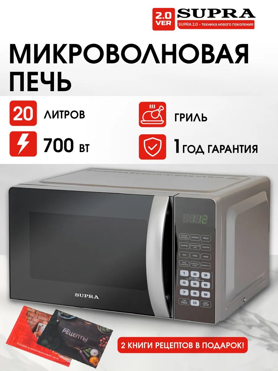 Микроволновая печь SUPRA, 20L, 700W, гриль, 6 программ, серебристая