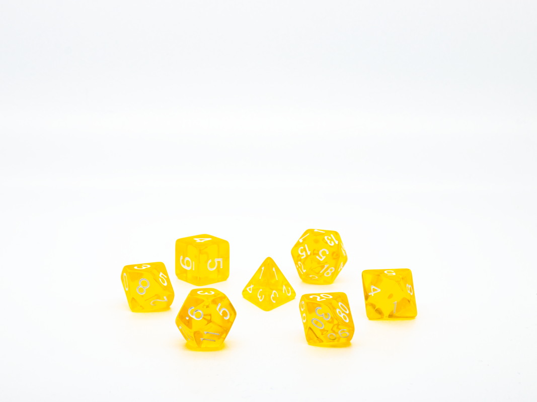 Набор кубиков для D&D (Dungeons and Dragons, ДнД, Pathfinder): Полупрозрачные жёлтые с белыми цифрами