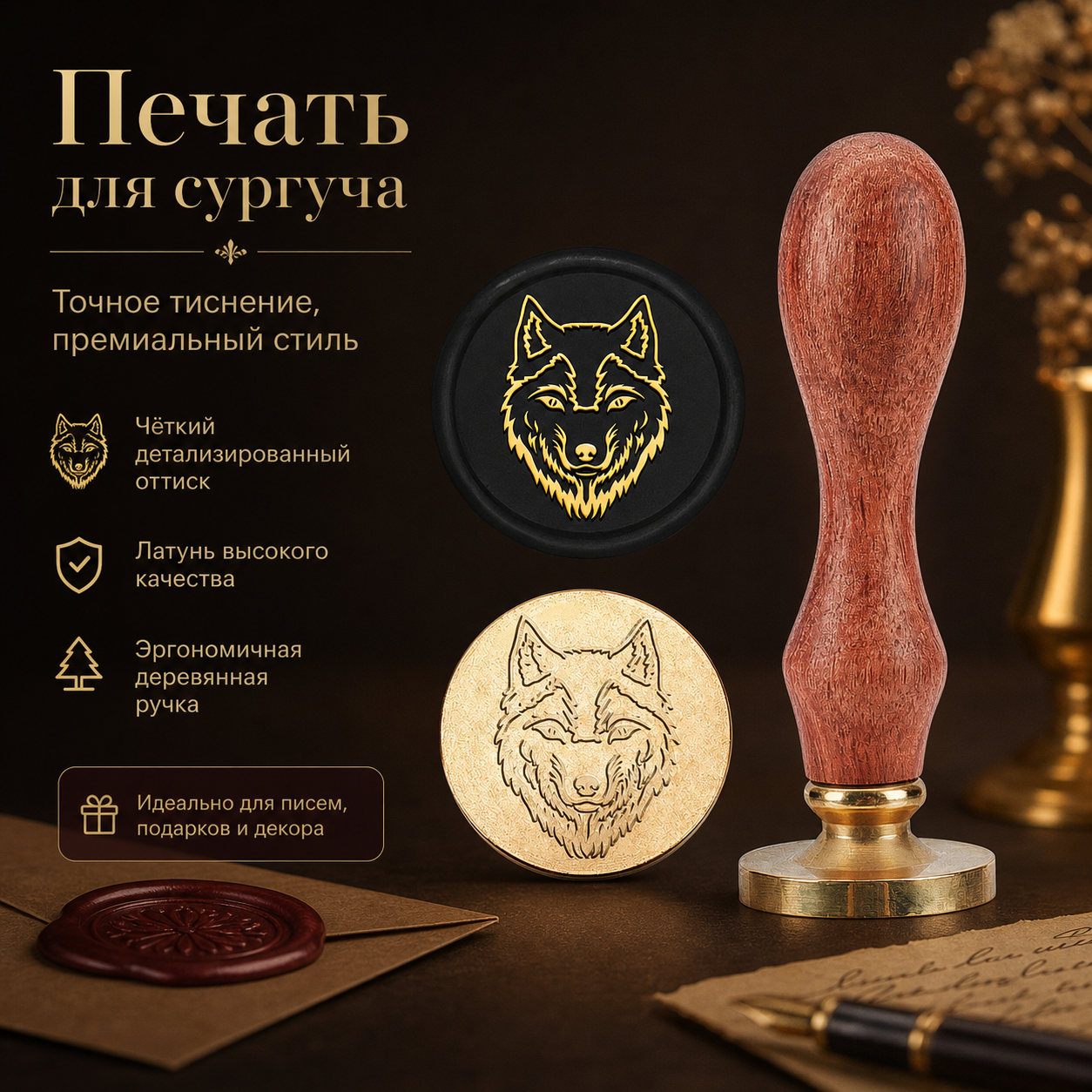 1 шт, волчья сургучная печать, голова волка, узоры диких животных, 25 мм, латунные печати, сменная головка, отлично