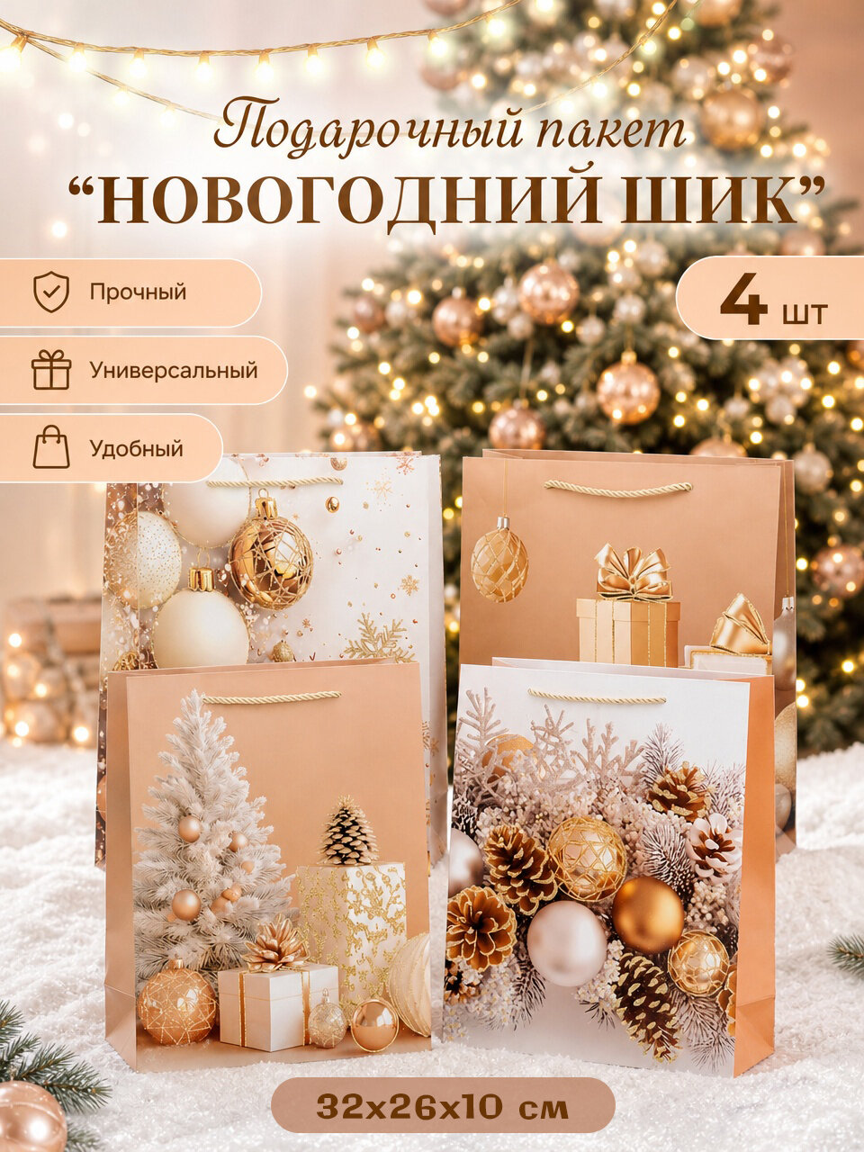 Basir Пакет подарочный "Новогодний шик" 32х26х10 см (4 шт)