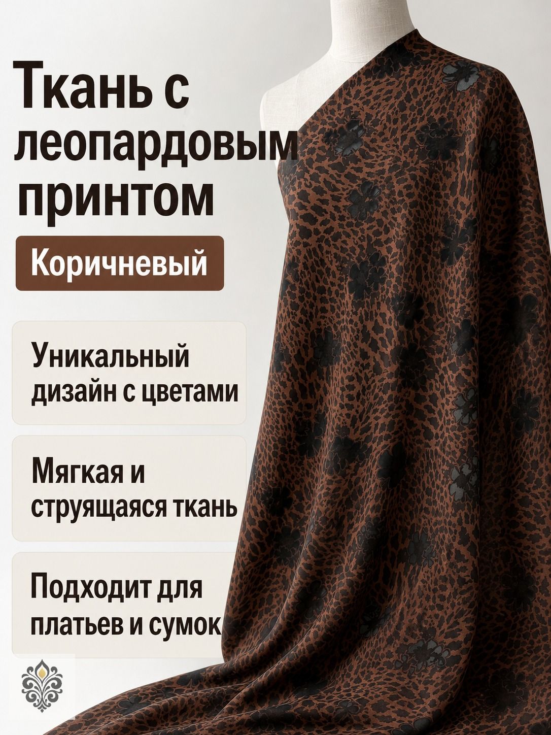 Ткань с принтом в стиле ретро: леопардовый узор и цветы, 137 см ширина, красно-коричневая, вискоза с нейлоном