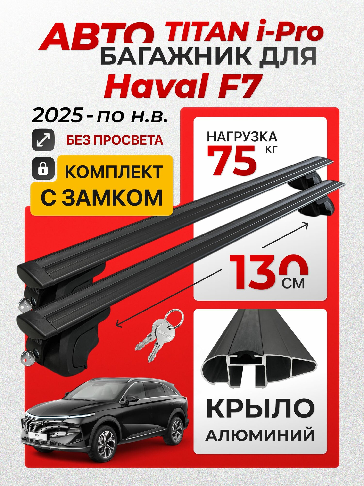 Багажник для Haval F7 II с 2025- (Хавал Ф7) на интегрированные рейлинги. Inter Titan i-Pro-130 с Замками Крыло Black (поперечины и упоры)