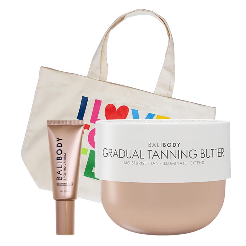 Автозагар Bali Body Bronzing Serum + Gradual Tanning Butter + Пляжная сумка I Love Topestetic: сыворотка для лица с эффектом бронзирования 30 мл + масло для тела с постепенным эффектом загара 220 г + сумка 1 шт