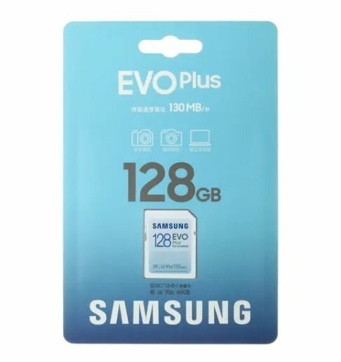Карта памяти Samsung EVO Plus SDXC 128 ГБ (MB-SC128K/CN) - Сlass 10, UHS Class 3, Video Class 30, чтение - 130 Мбайт/сек